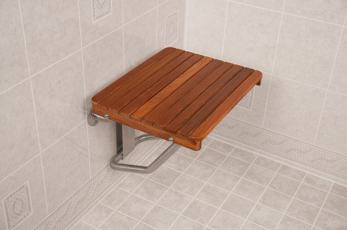 Wall Mount Teak Folding Shower Bench ALFI Brand ABS16R BN 16" Brushed